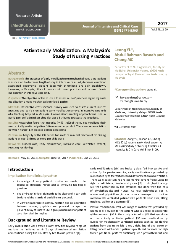 (PDF) Patient early mobilization: A Malaysia's study of nursing practices