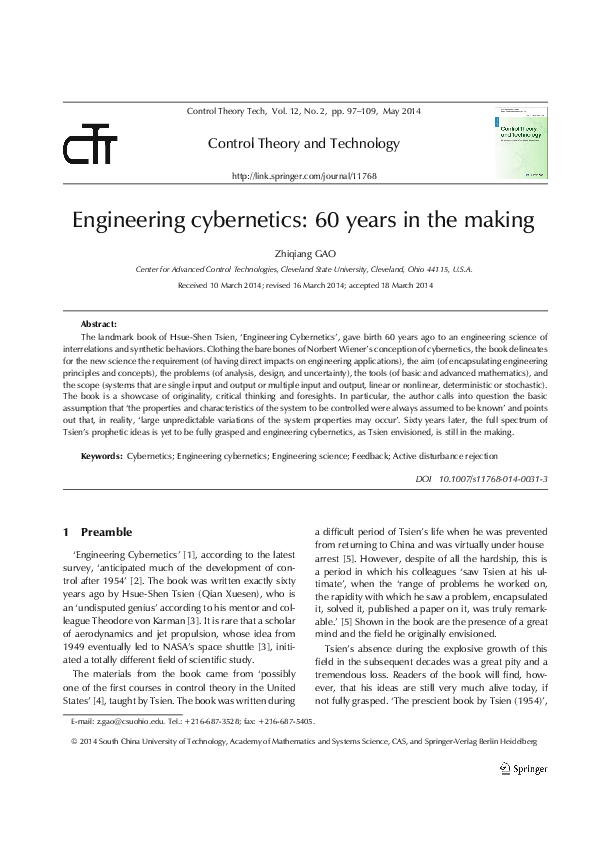 (PDF) Engineering cybernetics: 60 years in the making