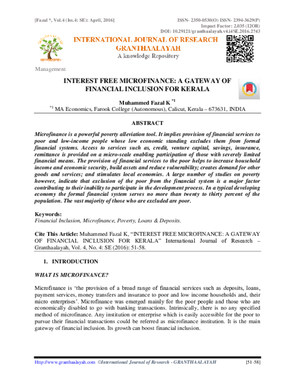 (PDF) Interest Free Microfinance: A Gateway of Financial Inclusion for ...