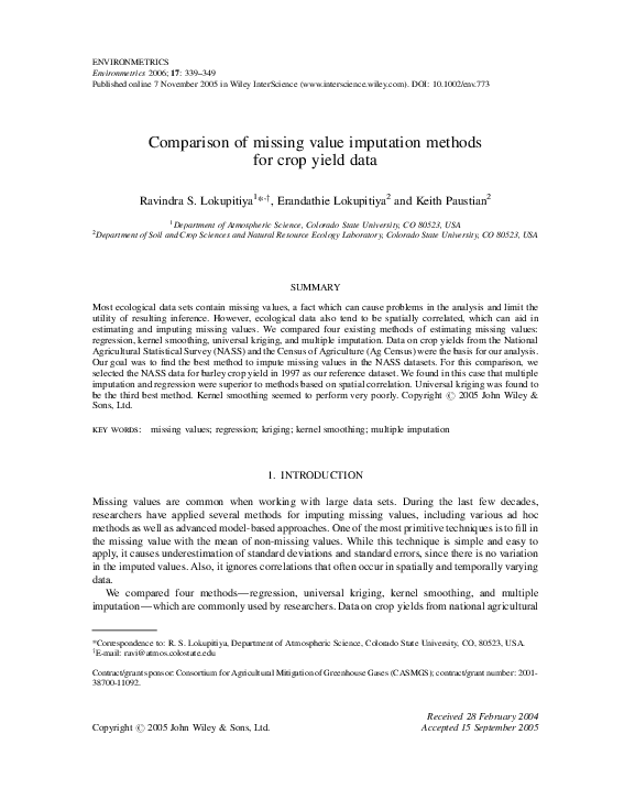 (PDF) Comparison of missing value imputation methods for crop yield data