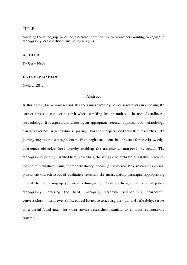 (PDF) Mapping the Ethnographic Journey: A "Road Map" for Novice ...