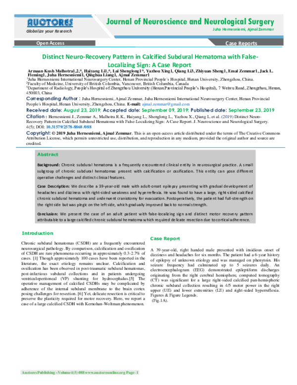 (PDF) Distinct Neuro-Recovery Pattern in Calcified Subdural Hematoma ...