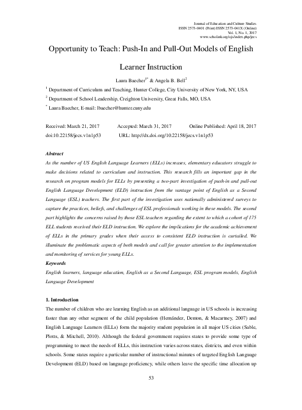 (PDF) Opportunity to Teach: Push-In and Pull-Out Models of English ...