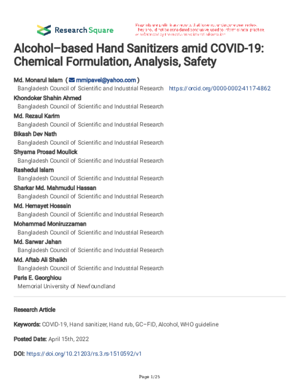 (PDF) Alcohol–based Hand Sanitizers amid COVID-19: Chemical Formulation, Analysis, Safety