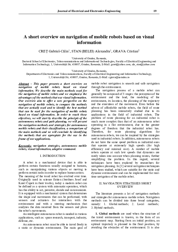 Pdf A Short Overview On Navigation Of Mobile Robots Based On Visual Information