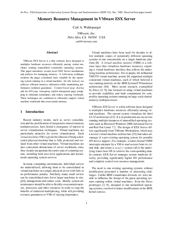 (PDF) Memory resource management in VMware ESX server