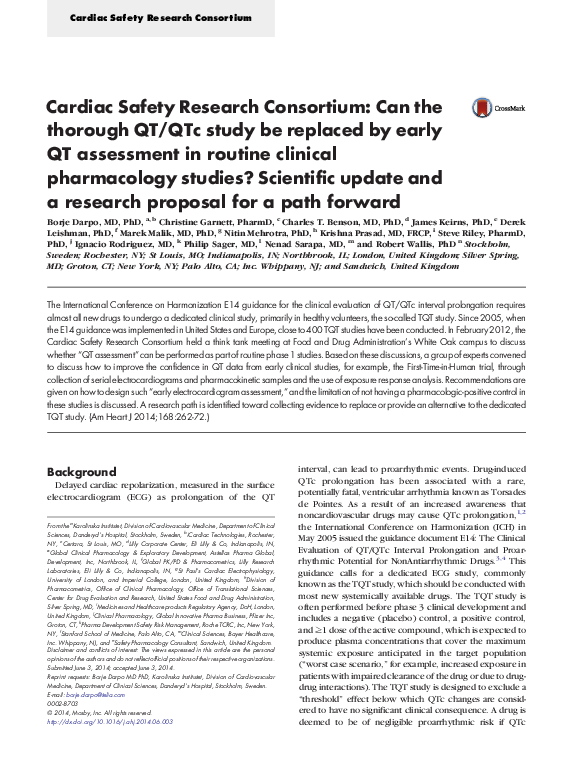 (PDF) Cardiac Safety Research Consortium: can the thorough QT/QTc study ...