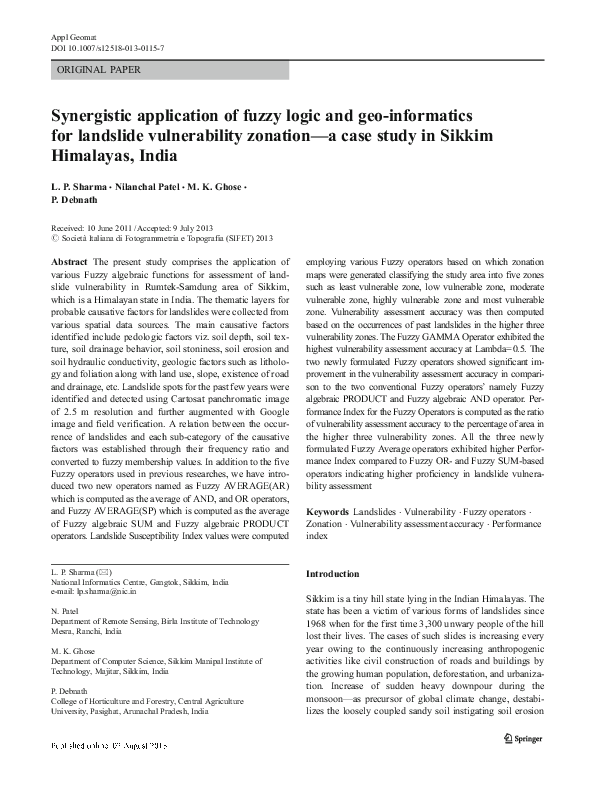 Pdf Synergistic Application Of Fuzzy Logic And Geo Informatics For Landslide Vulnerability