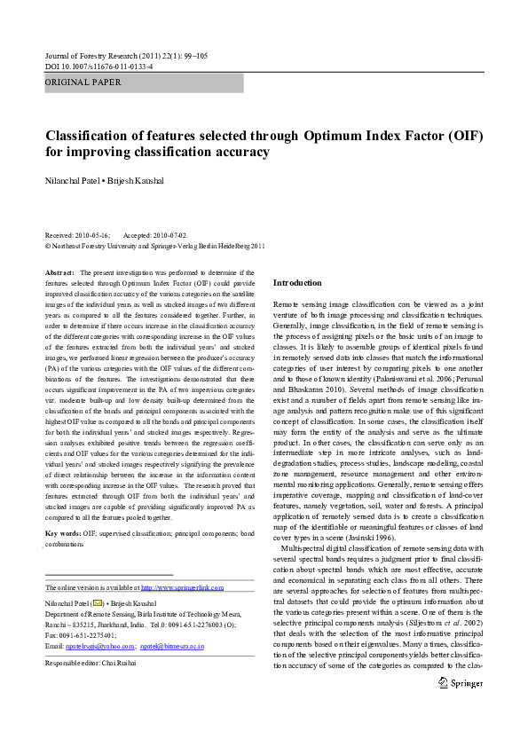 (PDF) Classification of features selected through Optimum Index Factor ...