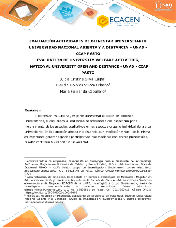 (PDF) Evaluación actividades de bienestar universitario Universidad ...