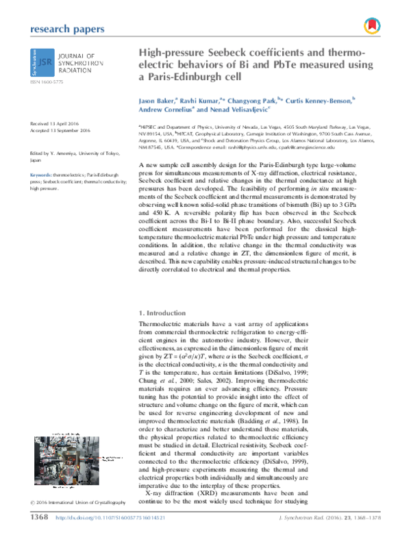(PDF) High-pressure Seebeck coefficients and thermoelectric behaviors of Bi and PbTe measured ...