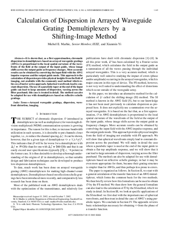 (PDF) Calculation of dispersion in arrayed waveguide grating demultiplexers by a shifting-image ...