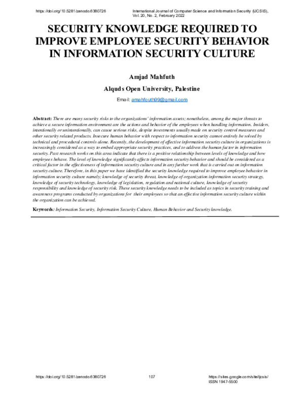 (PDF) SECURITY KNOWLEDGE REQUIRED TO IMPROVE EMPLOYEE SECURITY BEHAVIOR ...