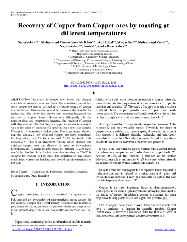 (PDF) Recovery of Copper from Copper ores by roasting at different ...