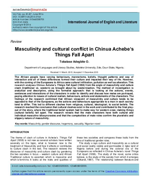 (PDF) Masculinity and cultural conflict in Chinua Achebes Things Fall Apart