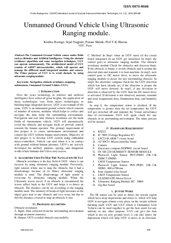(PDF) Unmanned Ground Vehicle Using Ultrasonic Ranging module