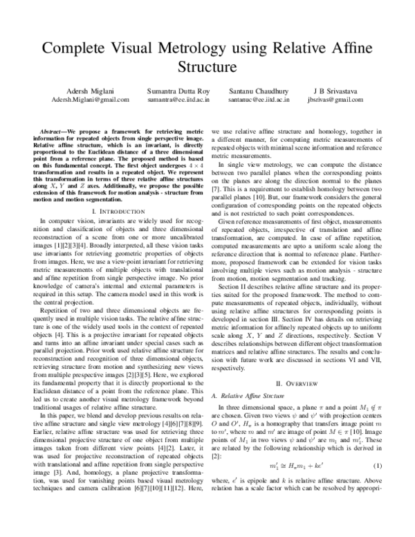 (PDF) Complete visual metrology using relative affine structure