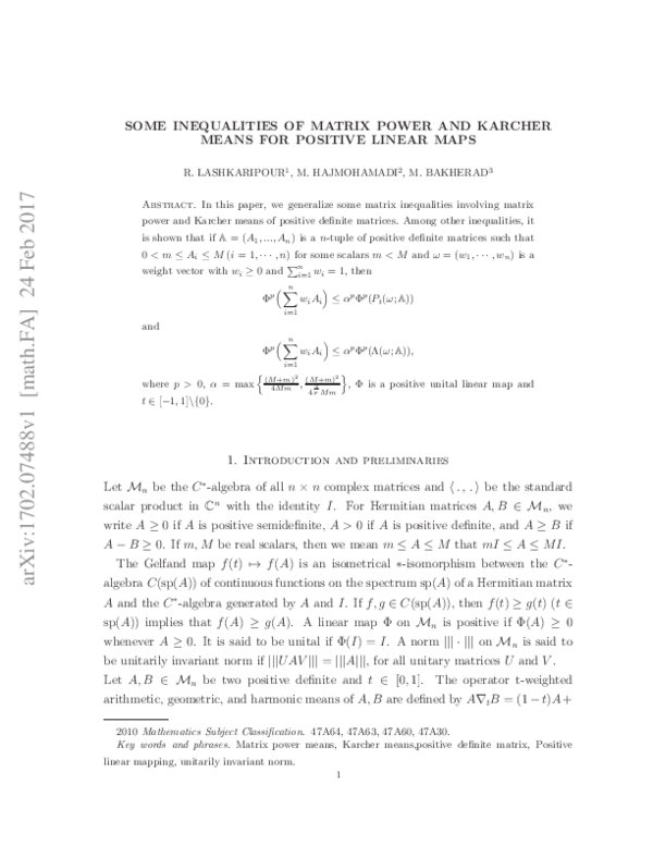 (PDF) Some inequalities of matrix power and Karcher means for positive linear maps