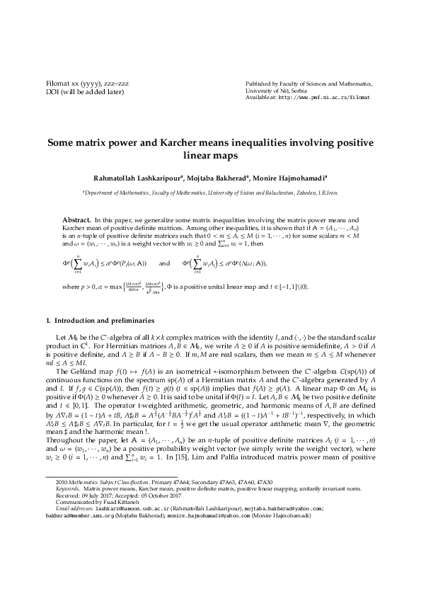 (PDF) Some matrix power and Karcher means inequalities involving positive linear maps