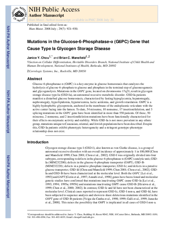 (PDF) Mutations in the glucose-6-phosphatase-α (G6PC) gene that cause ...