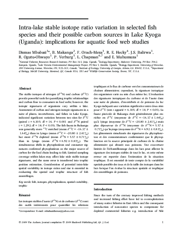 (PDF) Intra-lake stable isotope ratio variation in selected fish ...