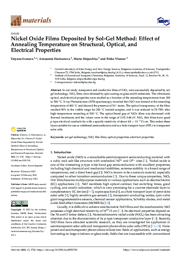 (PDF) Nickel Oxide Films Deposited by Sol-Gel Method: Effect of Annealing Temperature on ...
