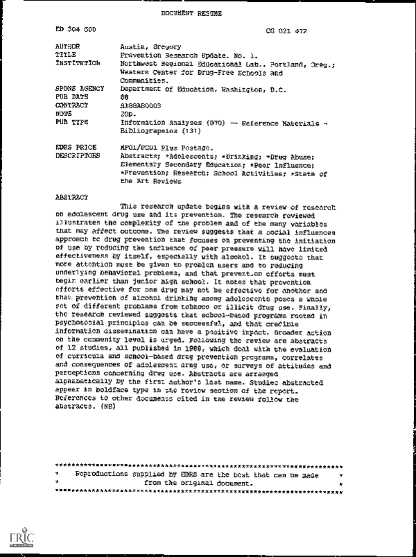 (PDF) Prevention Research Update. No. 1