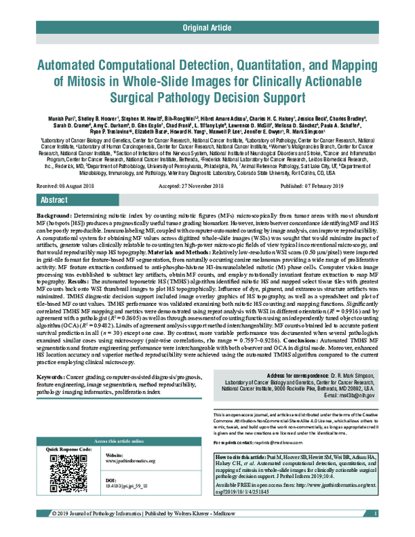 Pdf Automated Computational Detection Quantitation And Mapping Of Mitosis In Whole Slide