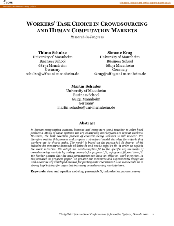(PDF) Workers’ Task Choice In Crowdsourcing And Human Computation Markets