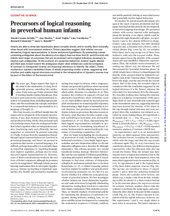 (PDF) Precursors of logical reasoning in preverbal human infants
