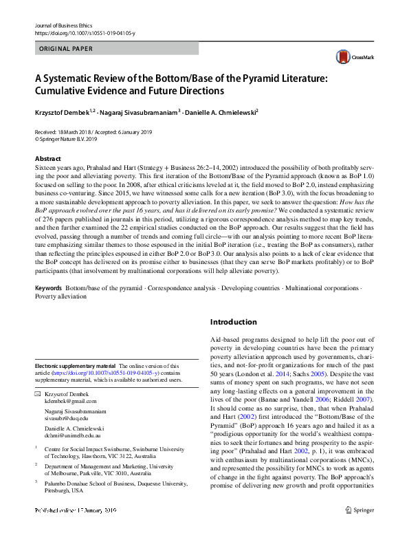 (PDF) A Systematic Review of the Bottom/Base of the Pyramid Literature ...
