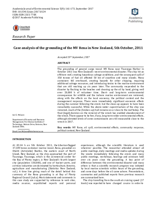 (PDF) Case analysis of the grounding of the MV Rena in New Zealand