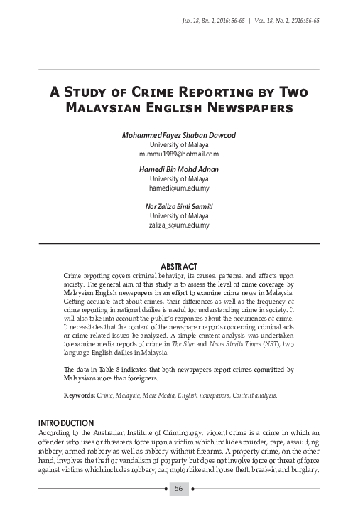(PDF) A Study of Crime Reporting by Two Malaysian English Newspapers