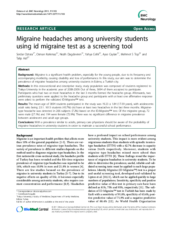 (PDF) Migraine headaches among university students using id migraine ...