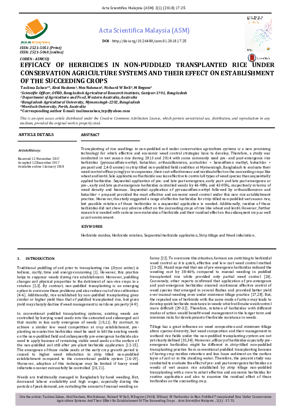 (PDF) Efficacy of Herbicides in Non-Puddled Transplanted Rice Under ...