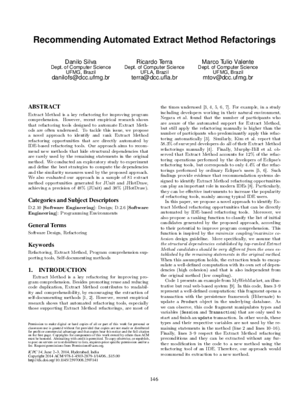 Pdf Recommending Automated Extract Method Refactorings