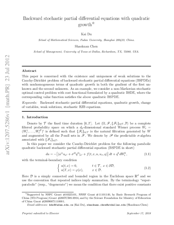 Pdf Backward Stochastic Partial Differential Equations With Quadratic Growth