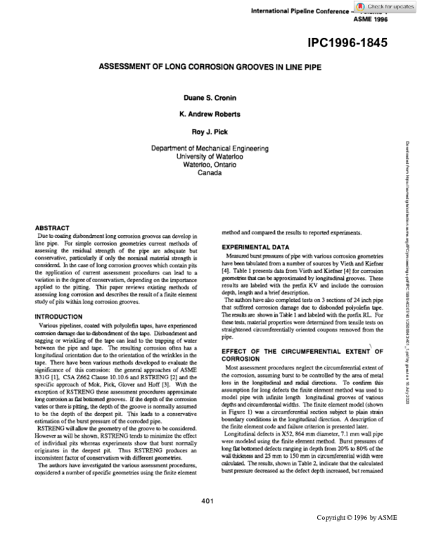 (PDF) Assessment of Long Corrosion Grooves in Line Pipe