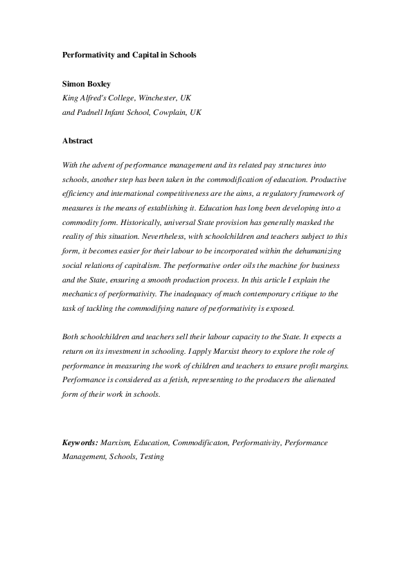 (PDF) Performativity and Capital in Schools