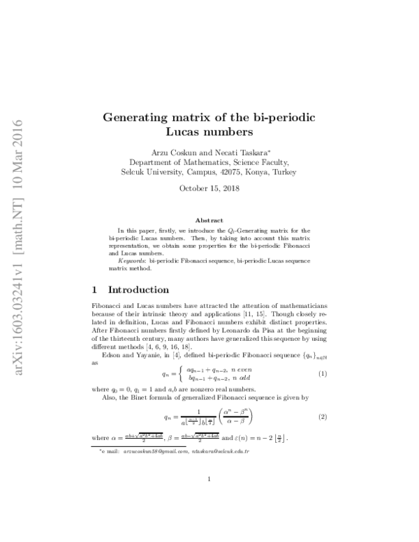 (PDF) Generating matrix of the bi-periodic Lucas numbers