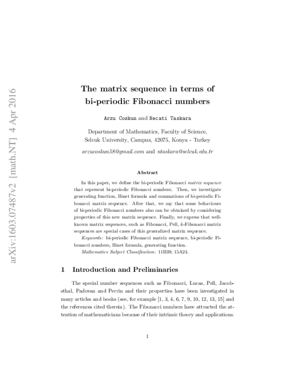 (PDF) The matrix sequence in terms of bi-periodic Fibonacci numbers ...