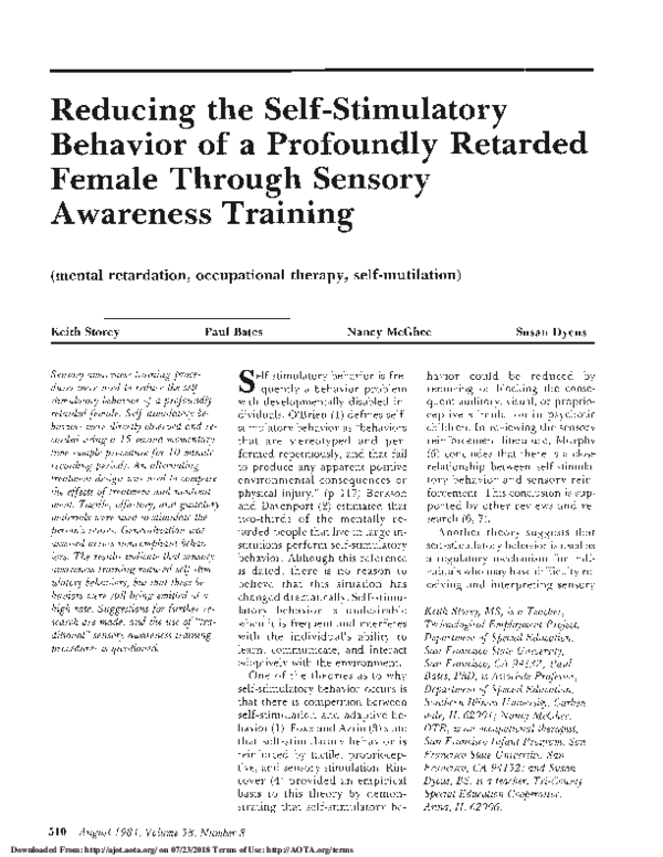 (PDF) Reducing the Self-Stimulatory Behavior of a Profoundly Retarded ...