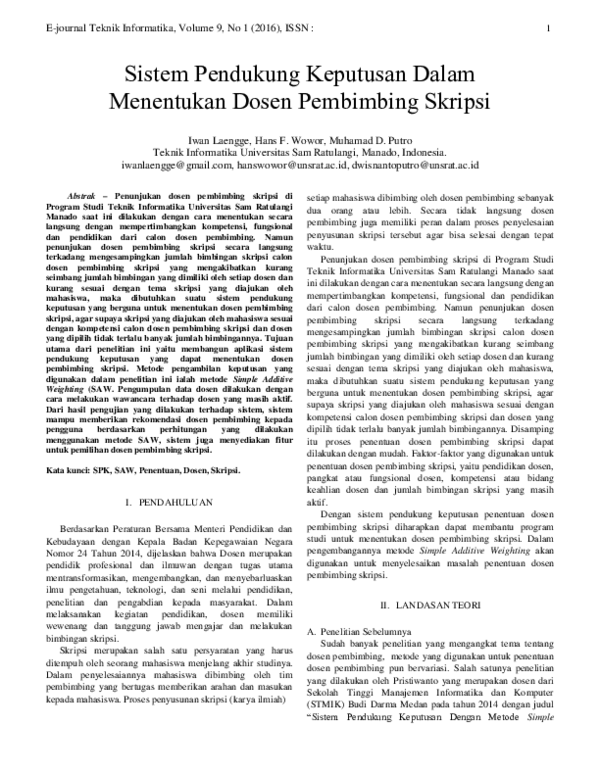 (PDF) Sistem Pendukung Keputusan Dalam Menentukan Dosen Pembimbing Skripsi
