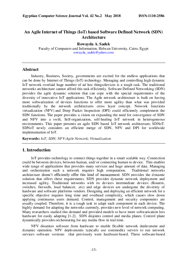 (PDF) An Agile Internet of Things (IoT) based Software Defined Network (SDN) Architecture