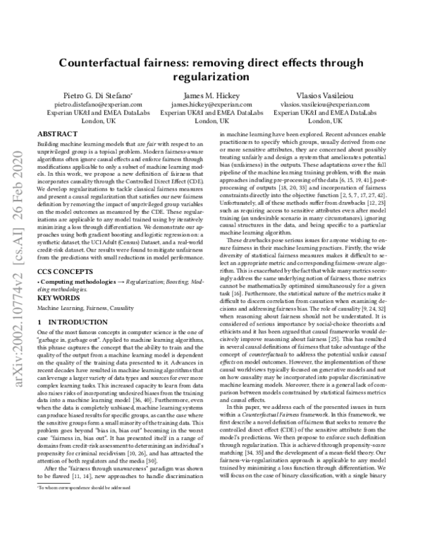 (PDF) Counterfactual fairness: removing direct effects through regularization