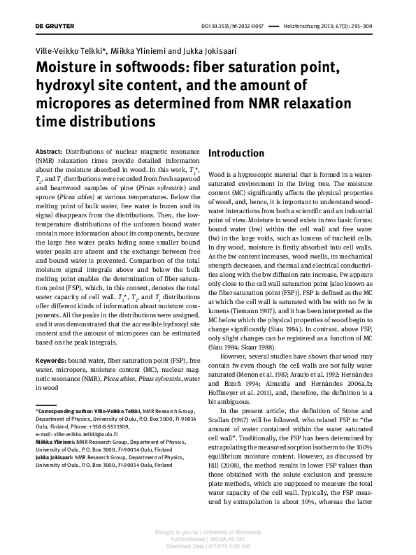 (PDF) Moisture in softwoods: fiber saturation point, hydroxyl site ...