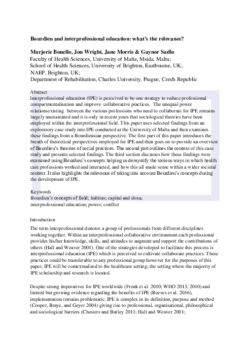 (PDF) Bourdieu and interprofessional education: what’s the relevance?