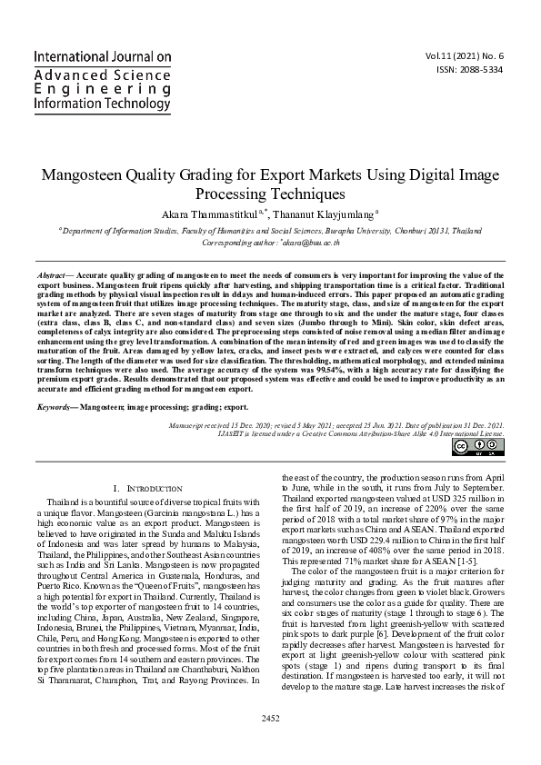 (PDF) Mangosteen Quality Grading for Export Markets Using Digital Image Processing Techniques