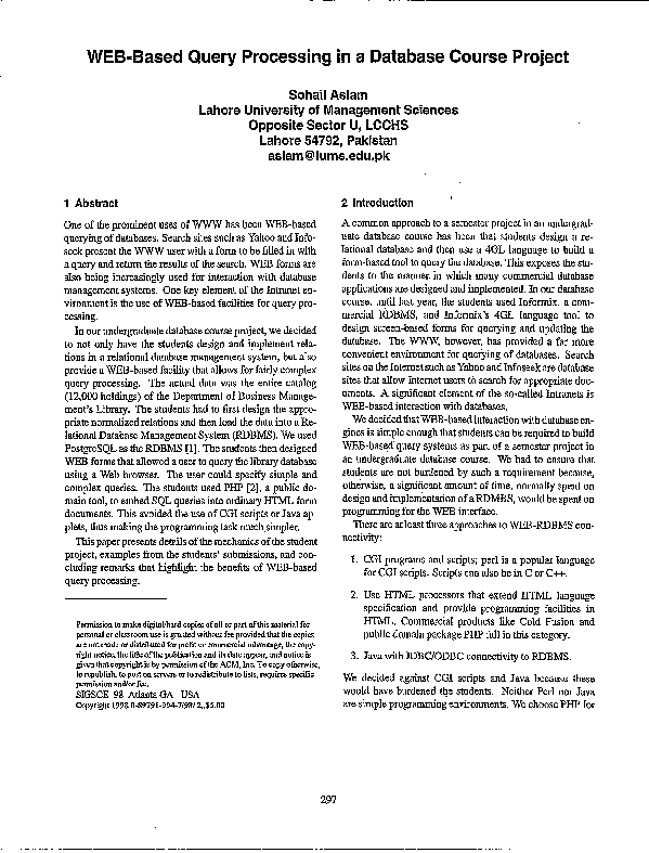 Pdf Web Based Query Processing In A Database Course Project