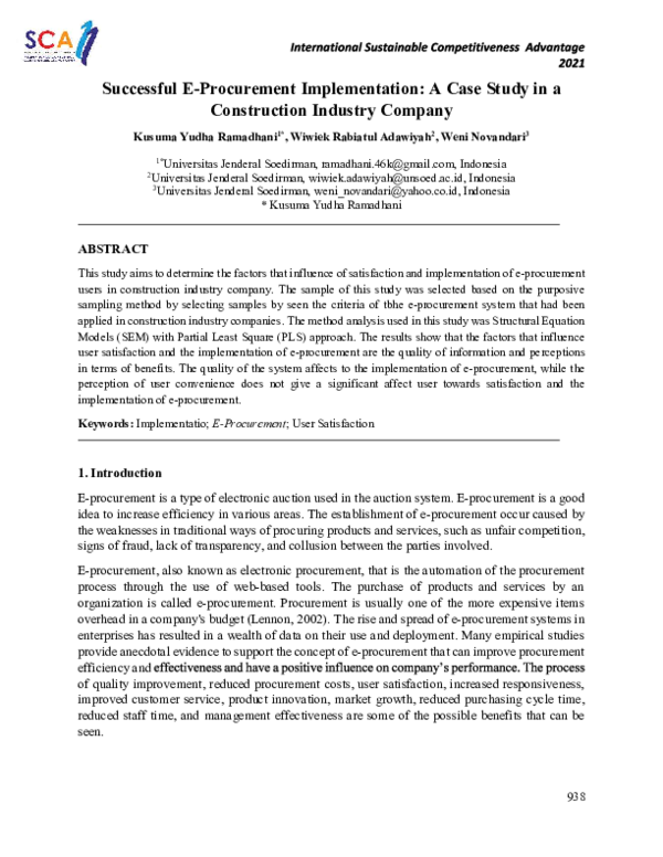 (PDF) Successful e Procurement Implementation a Case Study in a Construction Industry Company